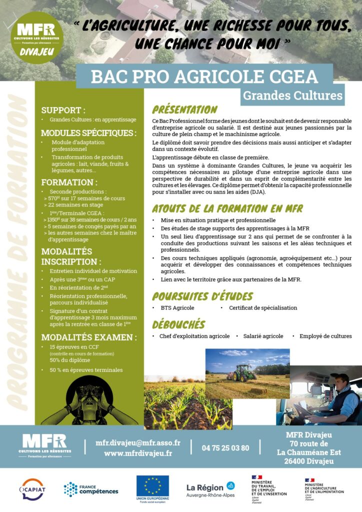 Bac pro Agricole CGEA Grandes Cultures – MFR DIVAJEU