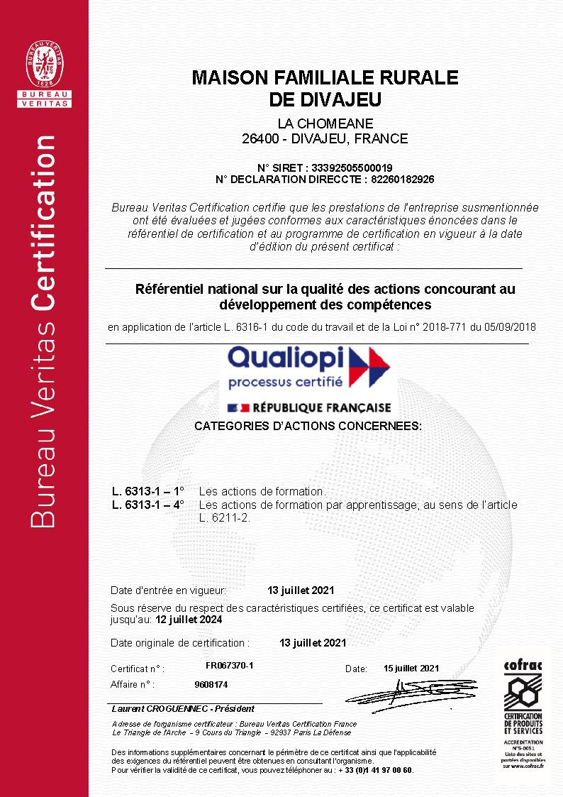Nos certifications – MFR DIVAJEU